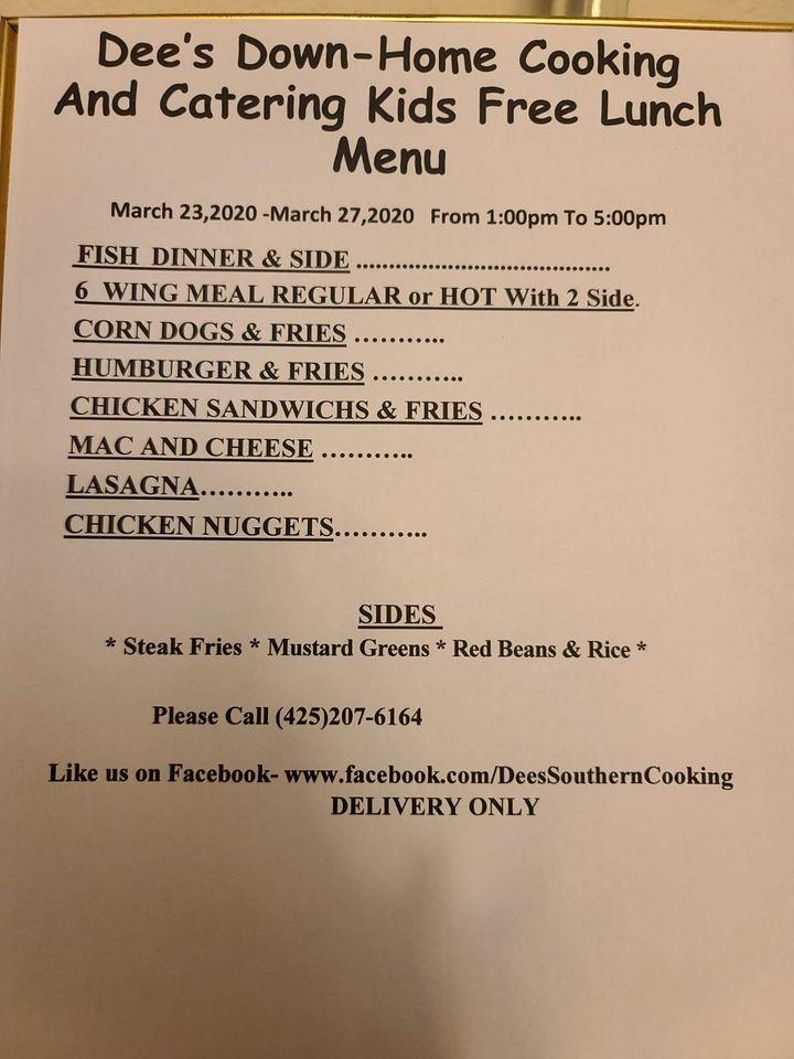 Menu at Dee's Southern Cooking restaurant, Everett