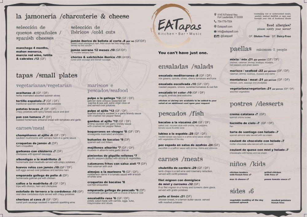 Menu at Eatapas restaurant, Fort Lauderdale