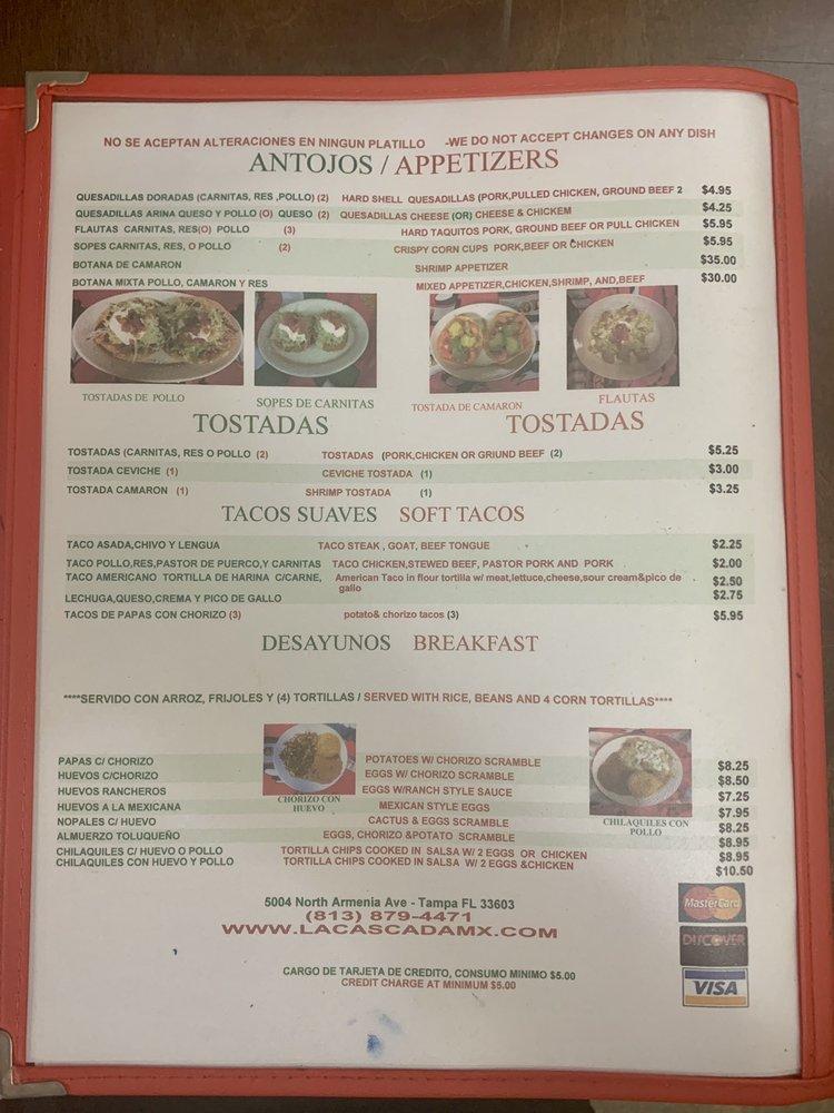 Menu at La Cascada Restaurante, Tampa