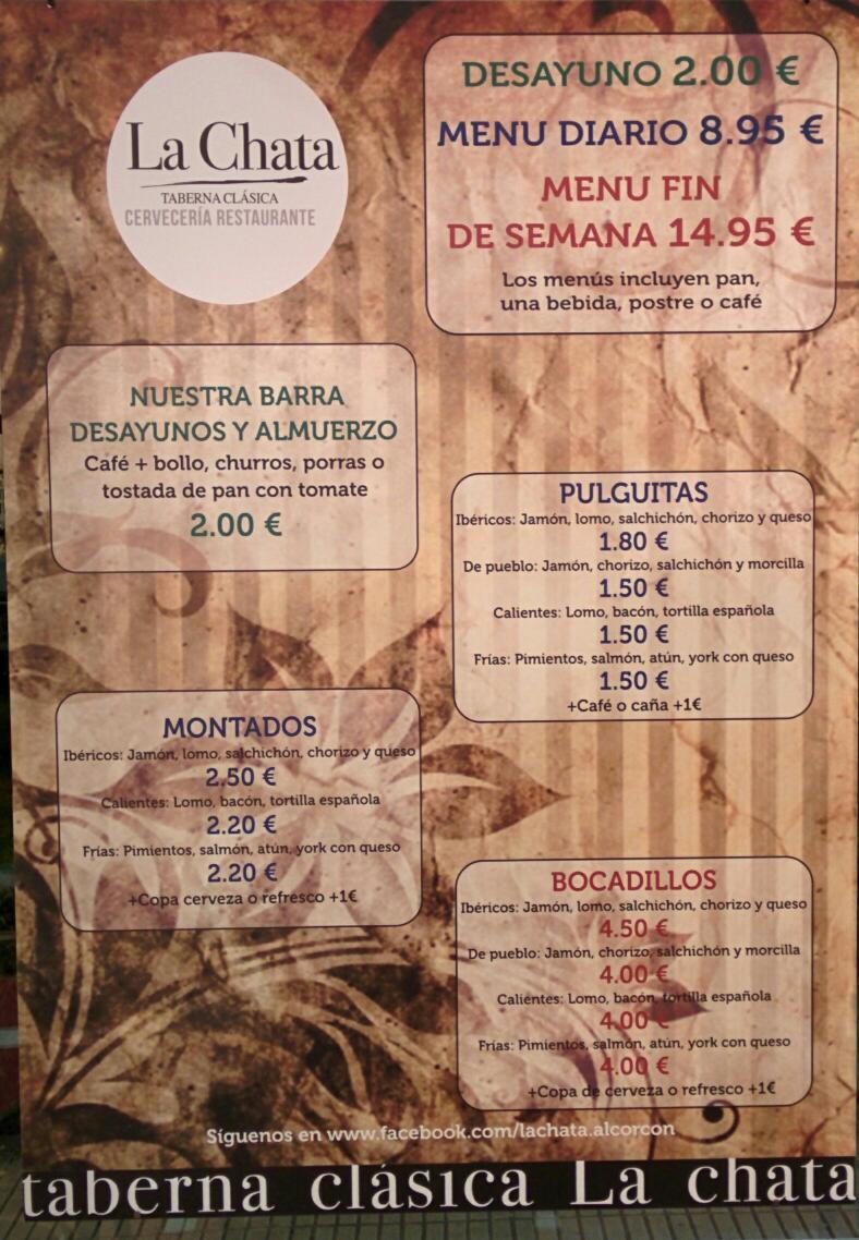 Carta del pub y bar La Chata, Alcorcón, Av. del la Libertad