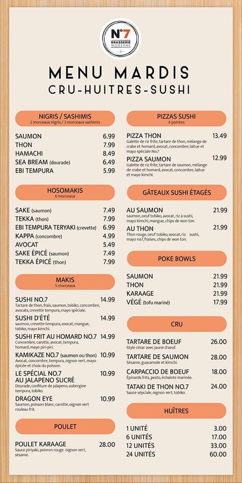 Menu au Le Numéro 7 - Brasserie Moderne restaurant, Saint-Jean-sur ...