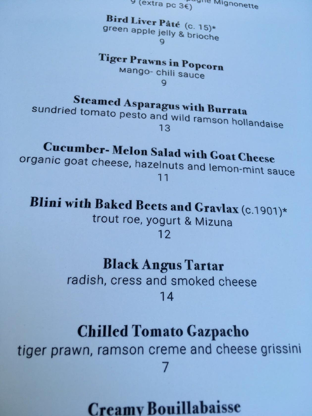 Menu at Mon Repos restaurant, Tallinn