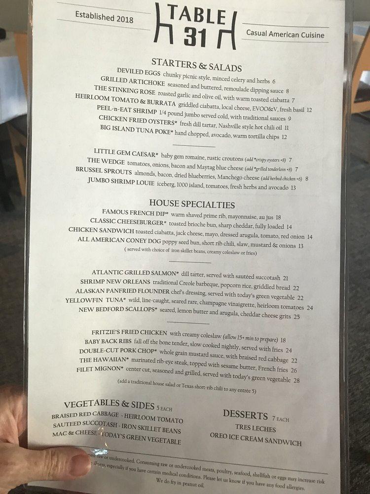 Menu at Table 31 restaurant, Mooresville