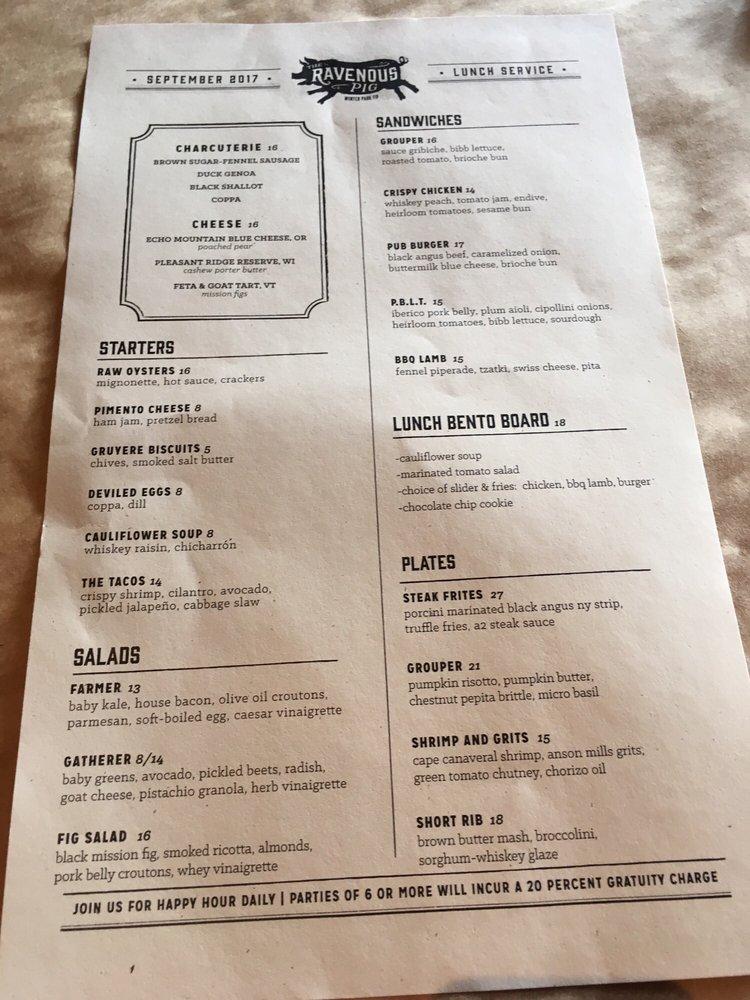 Menu at The Ravenous Pig BBQ, Winter Park, 565 W Fairbanks Ave