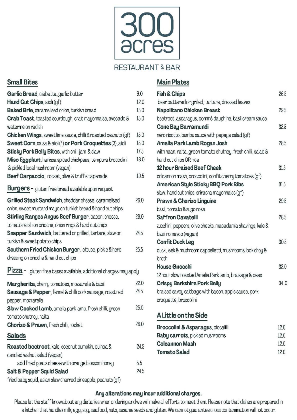 Menu at 300 Acres Restaurant and Bar, Wembley Downs