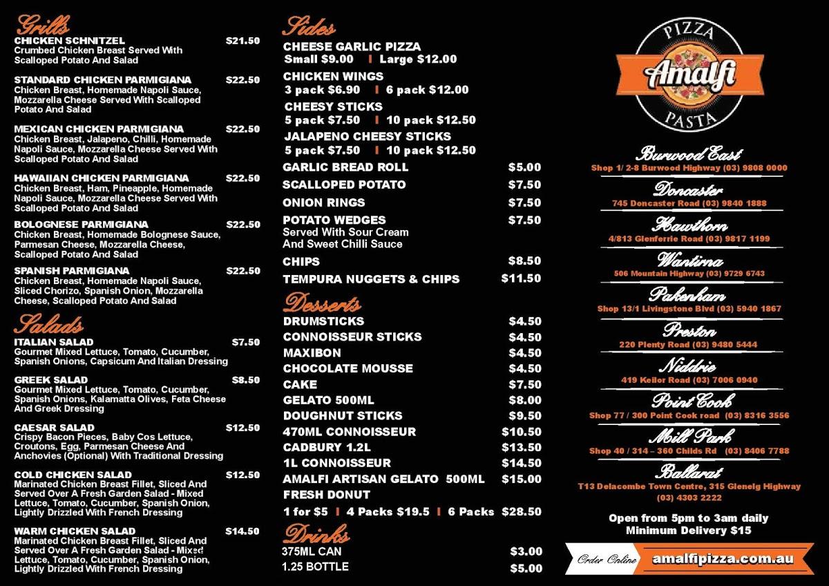Menu at Amalfi Pizza & Pasta Pointcook pizzeria, Point Cook
