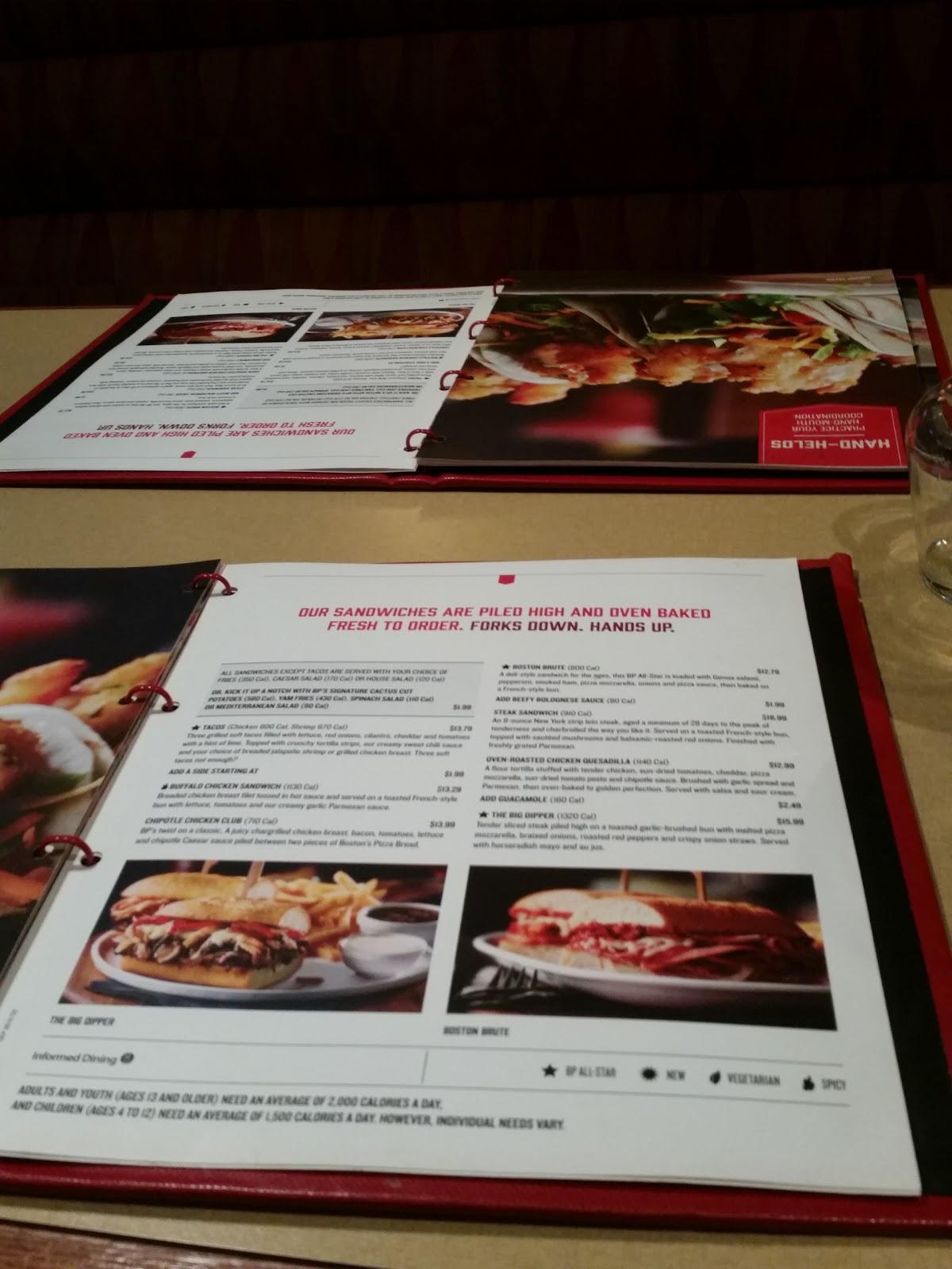 Menu at Boston Pizza restaurant, Belleville