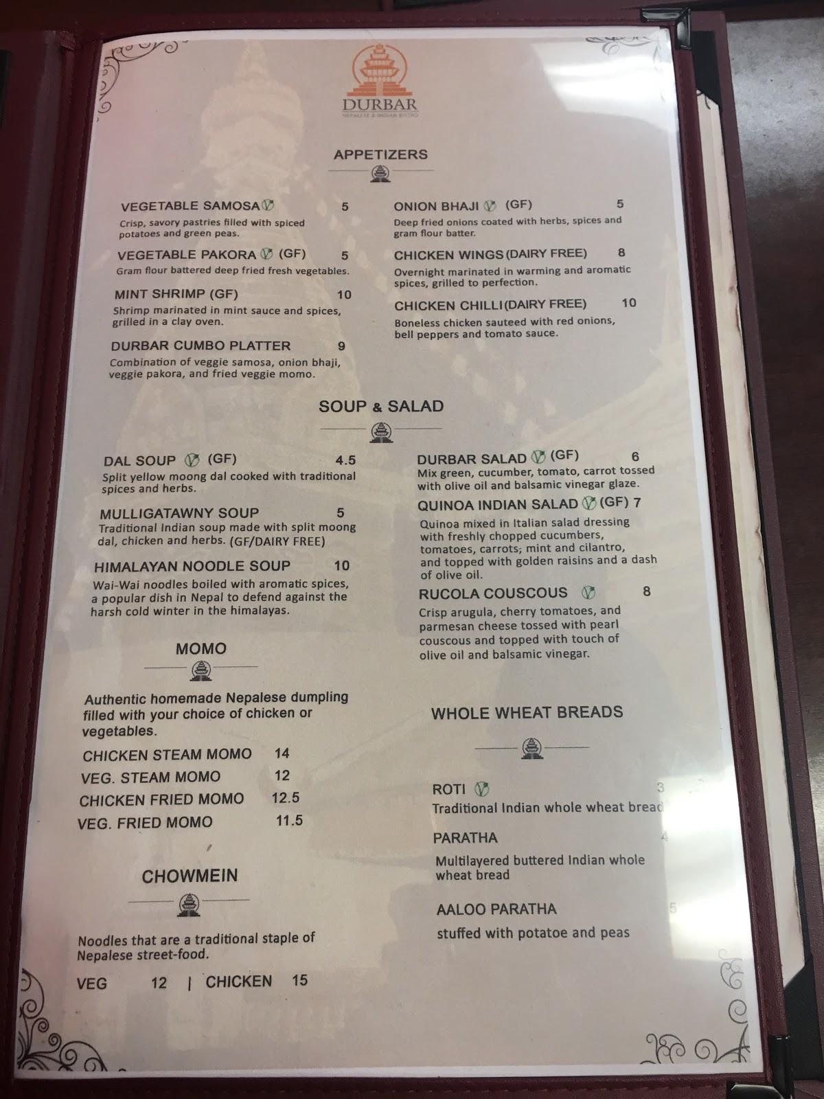 Carta de Durbar Nepalese and Indian Bistro, Cheyenne