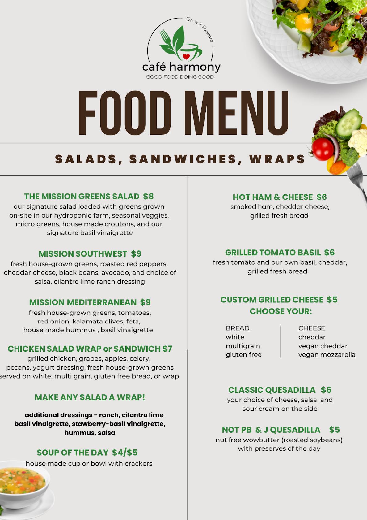 Menu at Grow It Forward - Harmony Cafe & Juicery, Manitowoc