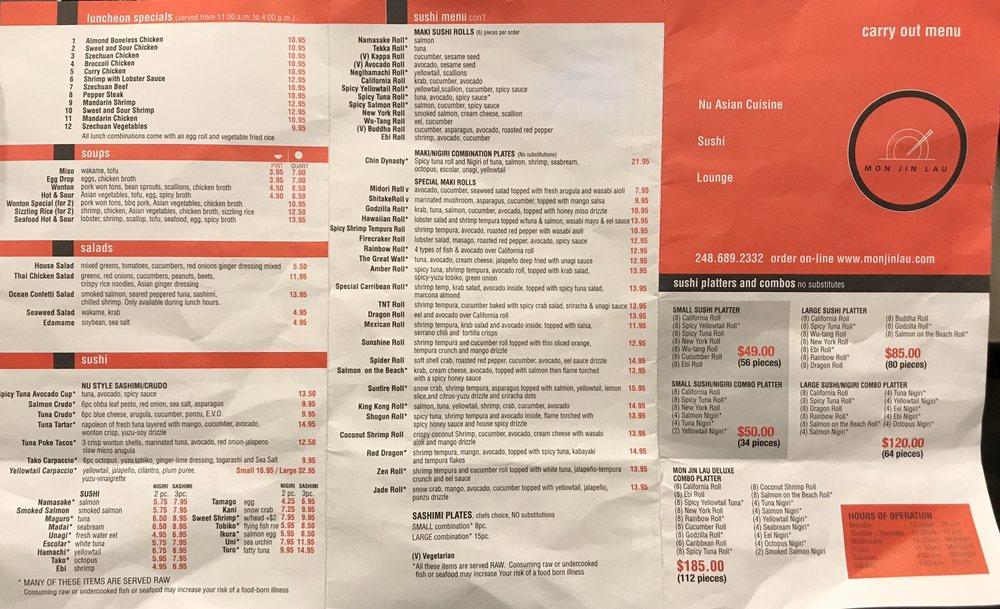 Menu at Mon Jin Lau restaurant, Troy