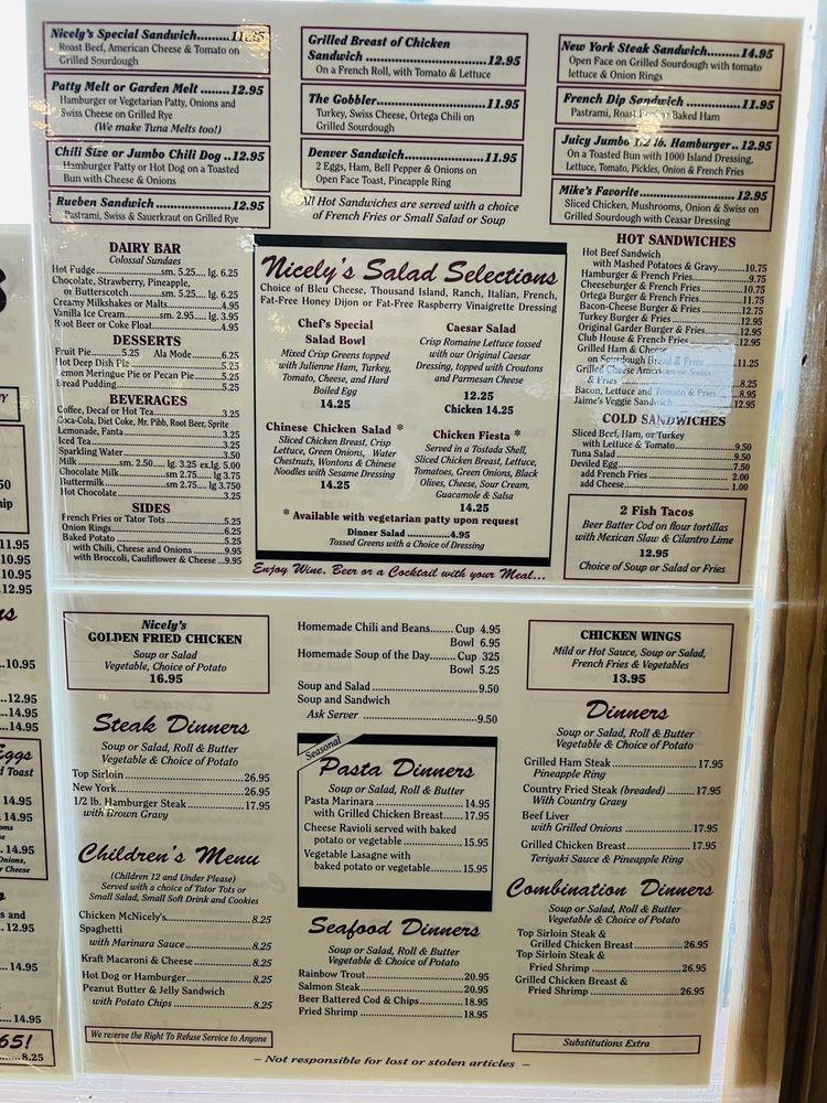 Menu at Nicely's Restaurant, Lee Vining