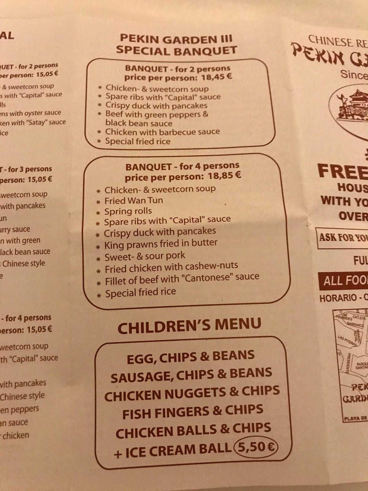 Menu at Pekin Garden III restaurant, Playa de las Américas, Parque La Paz