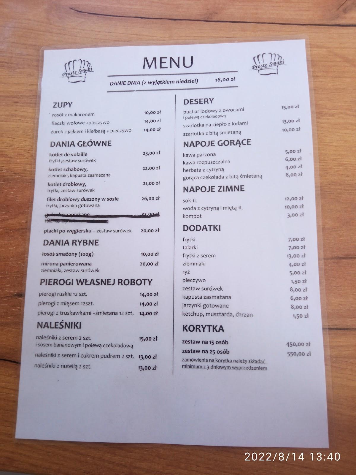 Menu at Restauracja "Proste Smaki" restaurant, Skawa