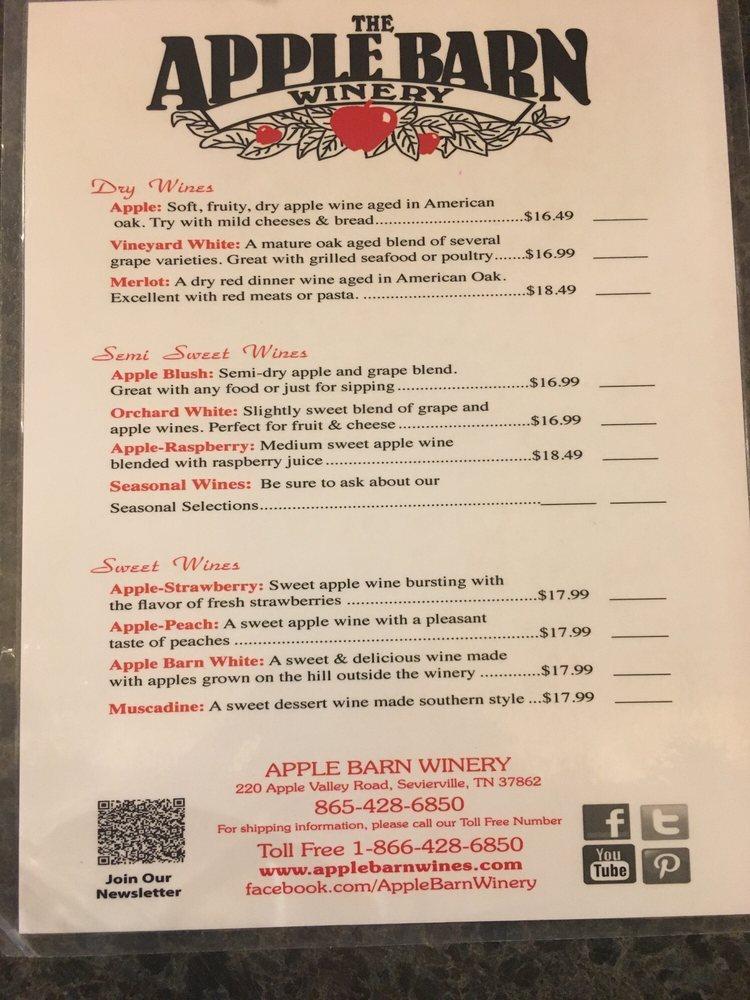 Menu at Apple Barn Winery, Sevierville