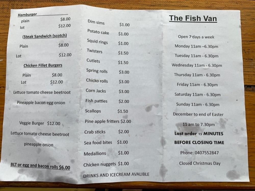 Menu at The Fish Van restaurant, Triabunna