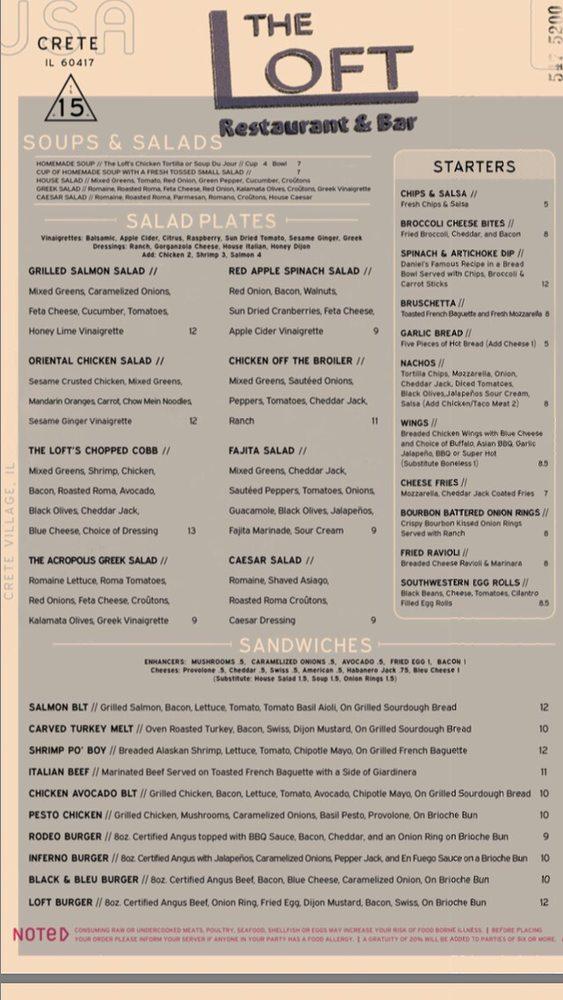 Menu at The Loft restaurant, Crete