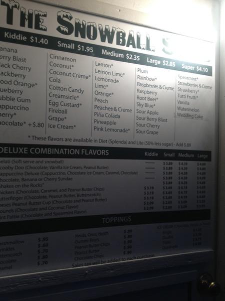 Menu at The Snowball Stand desserts, Woodstock