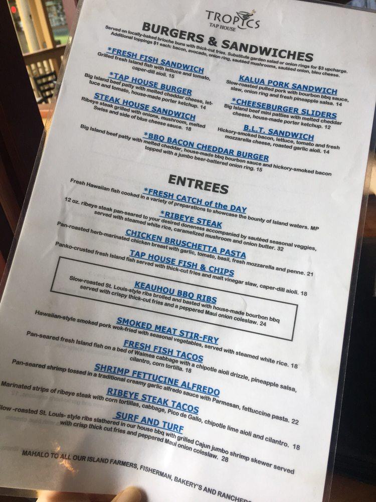 Menu at Tropics Taphouse Kona pub & bar, Kailua-Kona