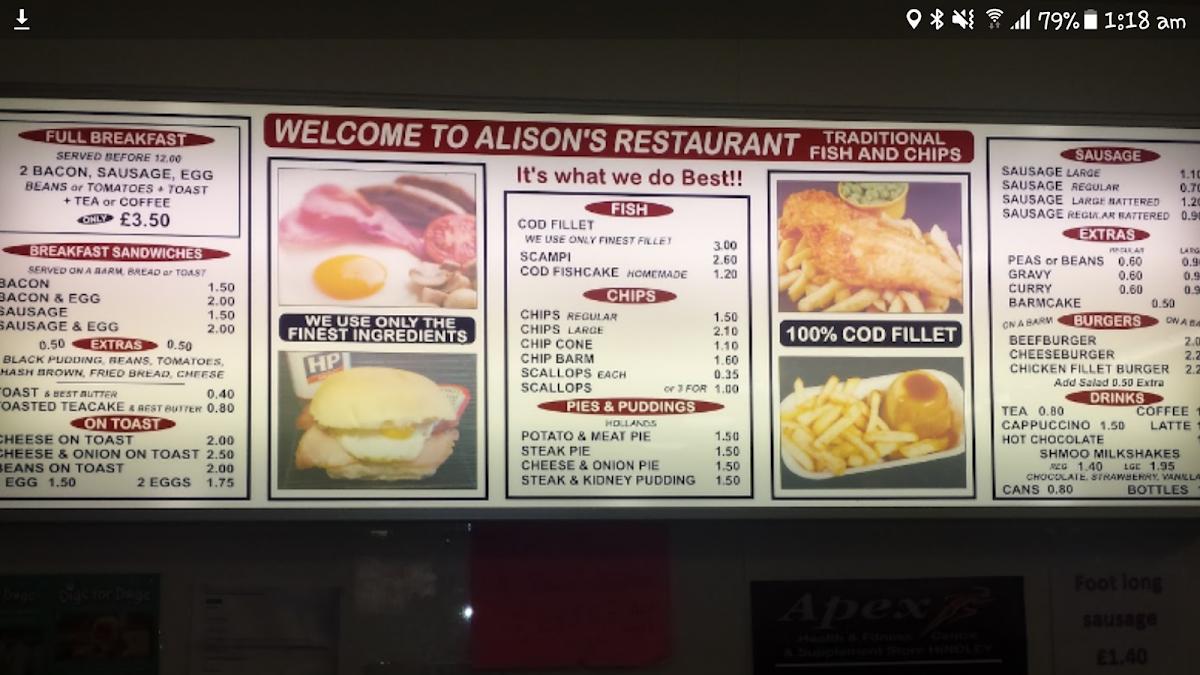 Menu at Alison's Restaurant, Wigan