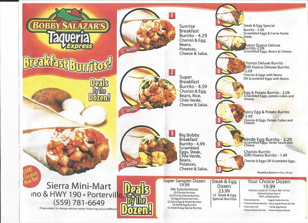 Menu at Bobby Salazar's Express restaurant, Porterville