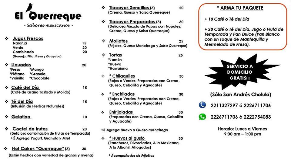Menu at El Querreque restaurant, San Andres Cholula, Calle 3 Oriente 216 Col. Centro
