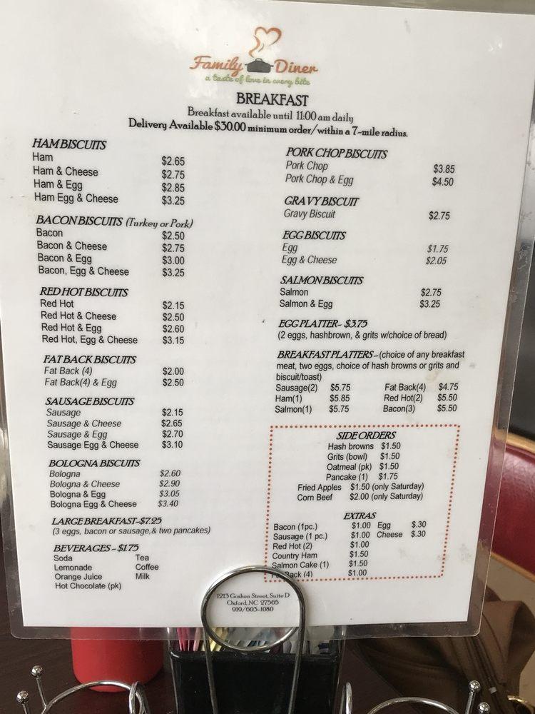 Menu at Family Diner restaurant, Oxford