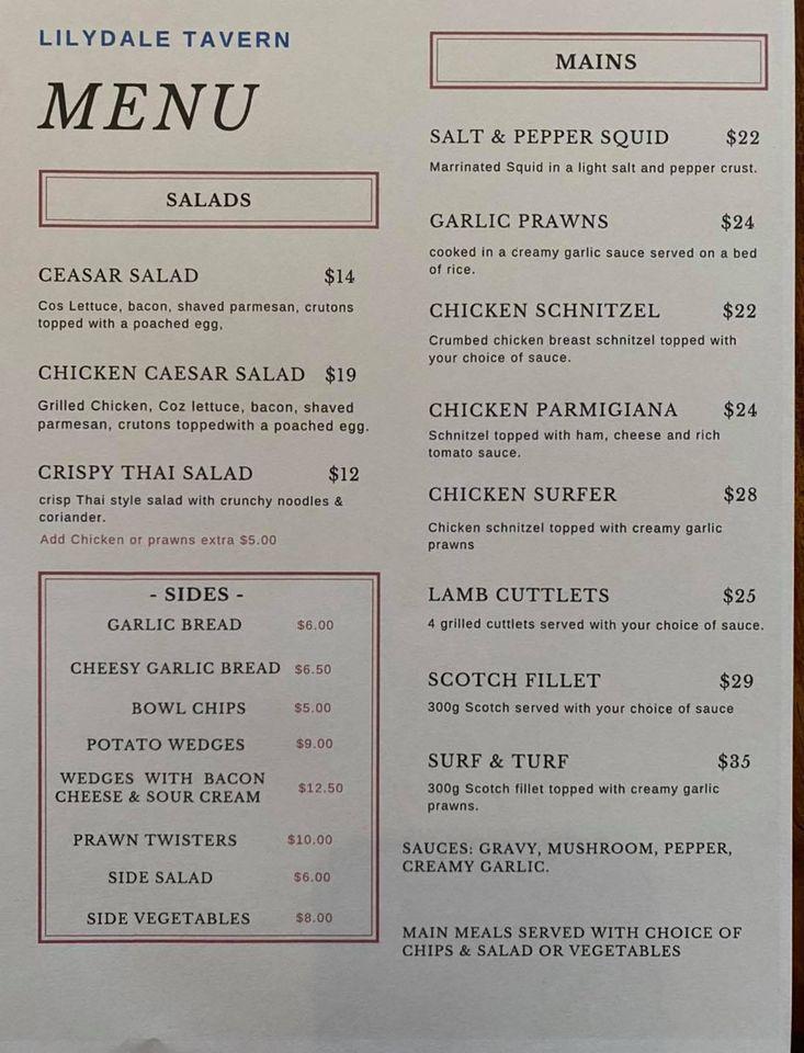 Menu at Lilydale Tavern pub & bar, Lilydale