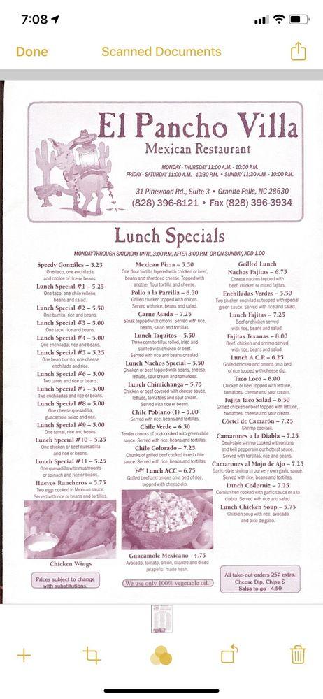 Menu at Pancho Villa Inc restaurant, Granite Falls