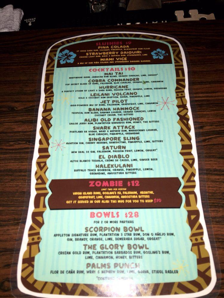Menu at The Alibi Tiki Lounge pub & bar, Portland