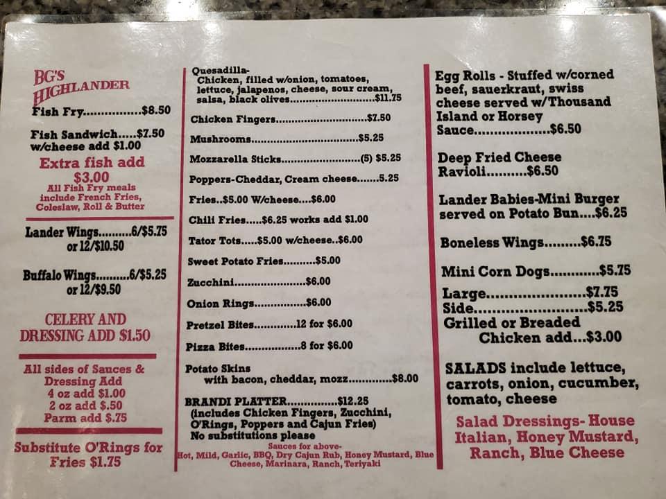 Menu at B G's Highlander Tavern pub & bar, Cleveland