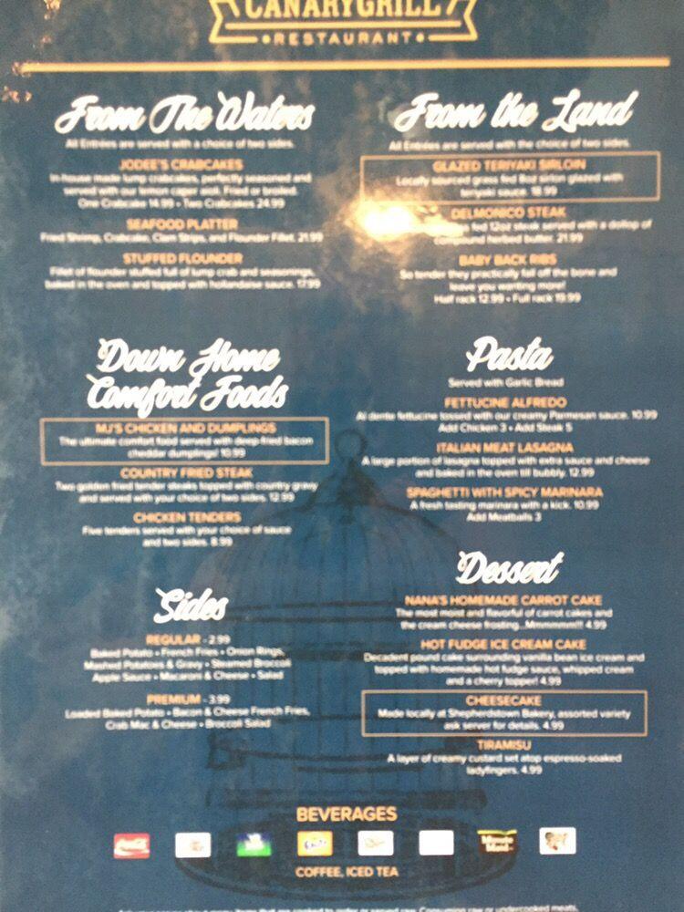 Menu at Canary Grill pub & bar, Berkeley Springs