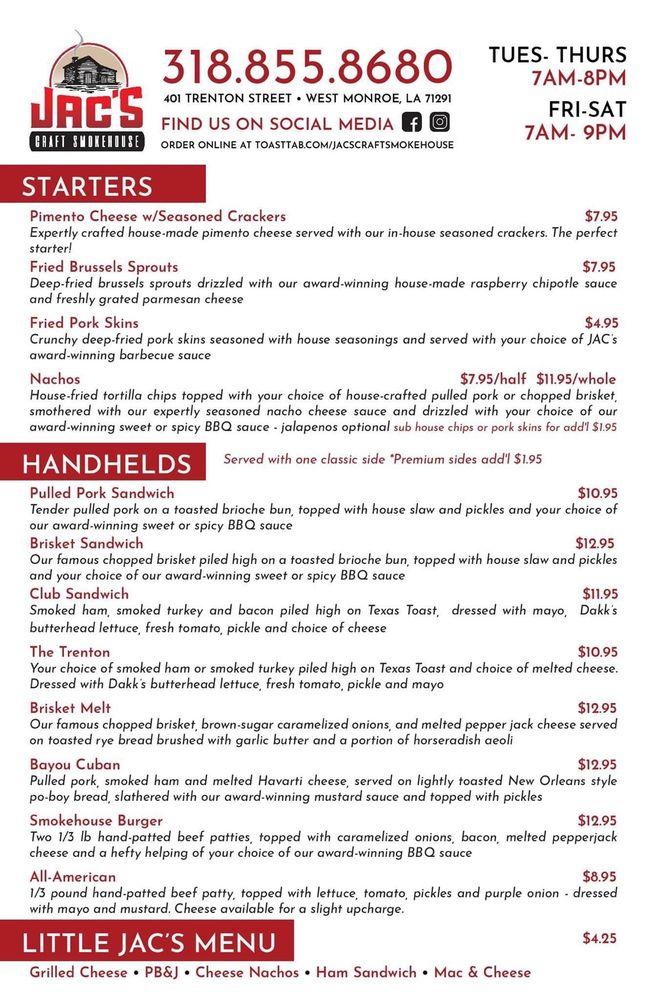 Menu at JAC's Craft Smokehouse restaurant, West Monroe