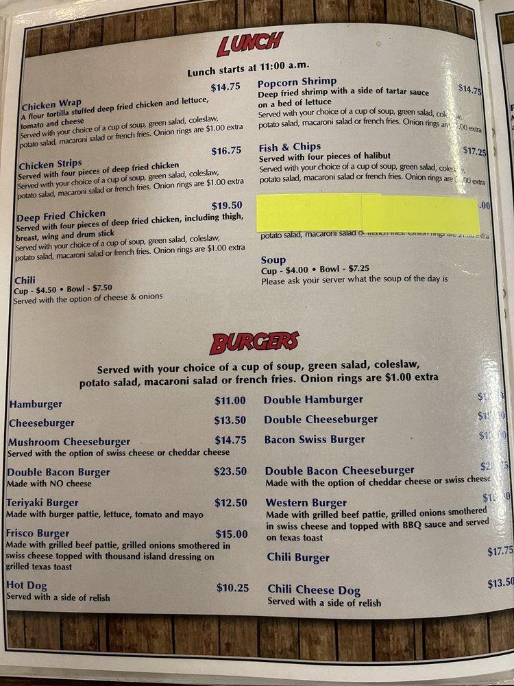 Menu at King's Diner, Kodiak