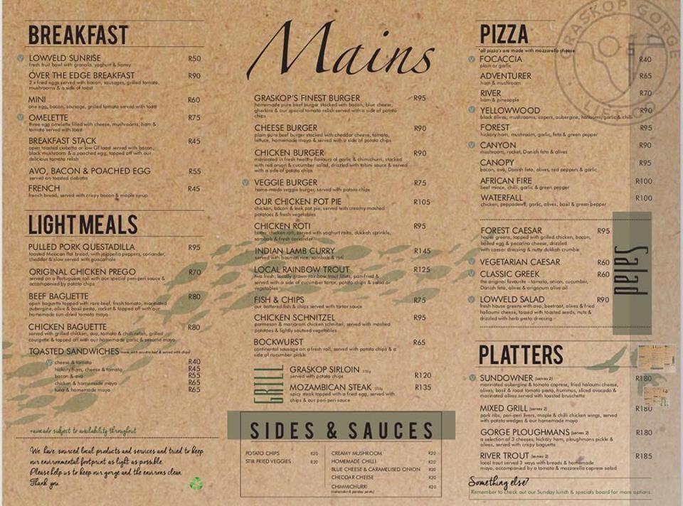 Menu at Lift Cafe, Graskop, Graskop Gorge