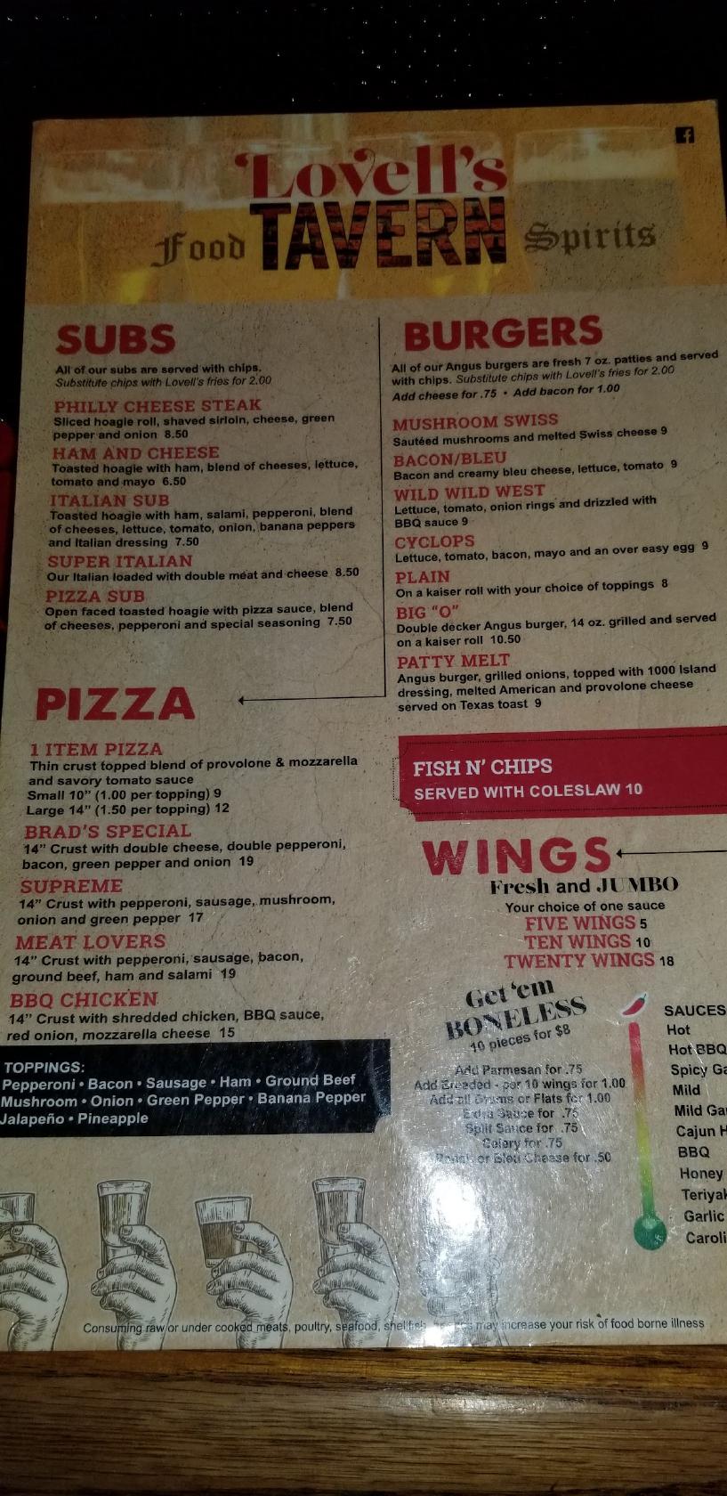 Menu at Lovell's Tavern pub & bar, Columbus