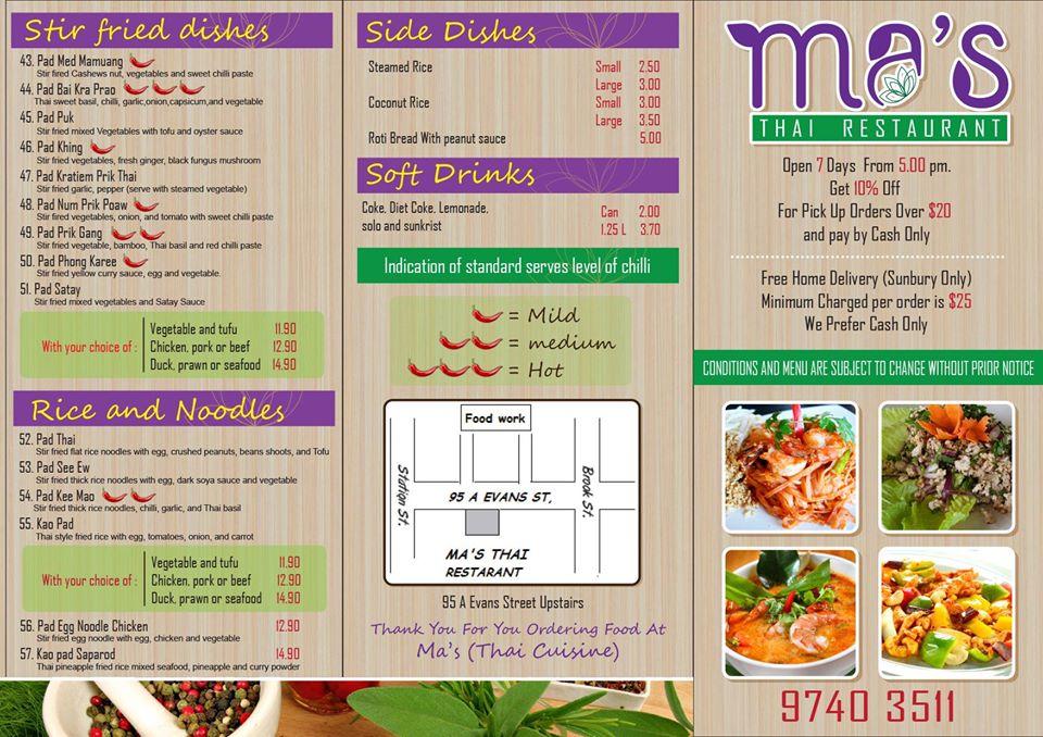 Menu at Ma's Thai Restaurant, Sunbury