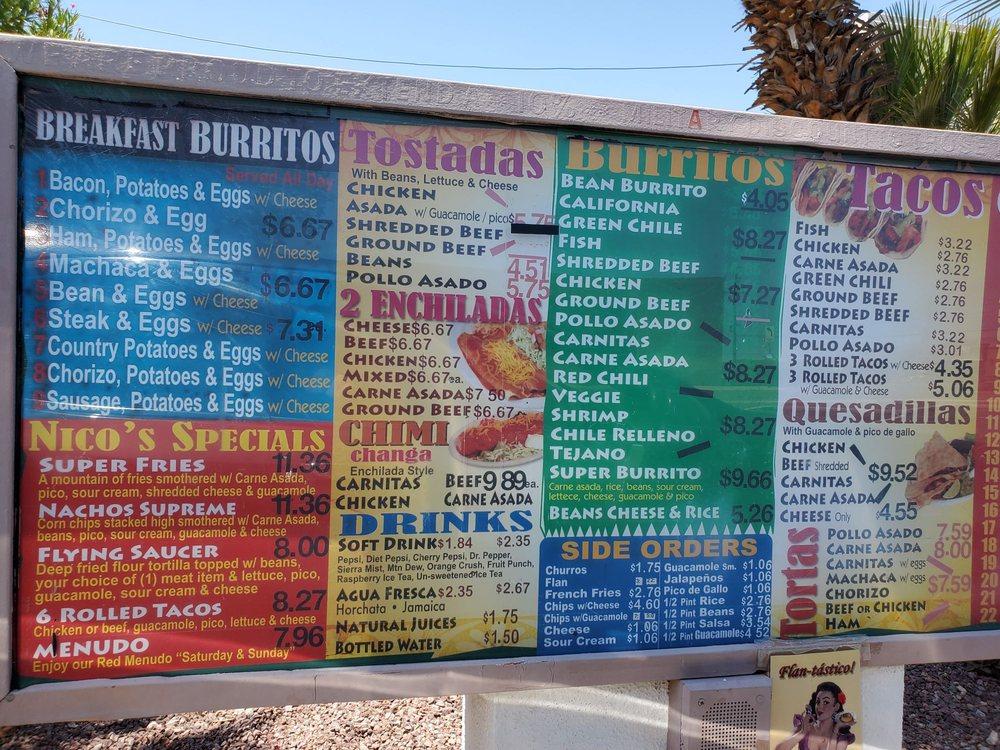 Menu at Nico's restaurant, Tucson, E Broadway Blvd