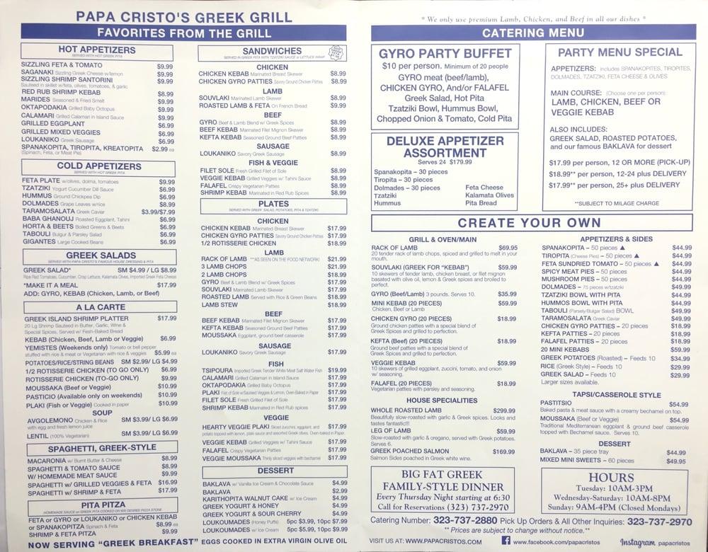 Menu at Papa Cristo's Greek Grill restaurant, Los Angeles