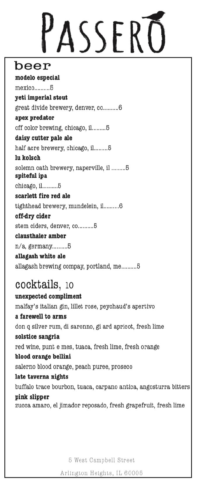 Menu at Passero pizzeria, Arlington Heights