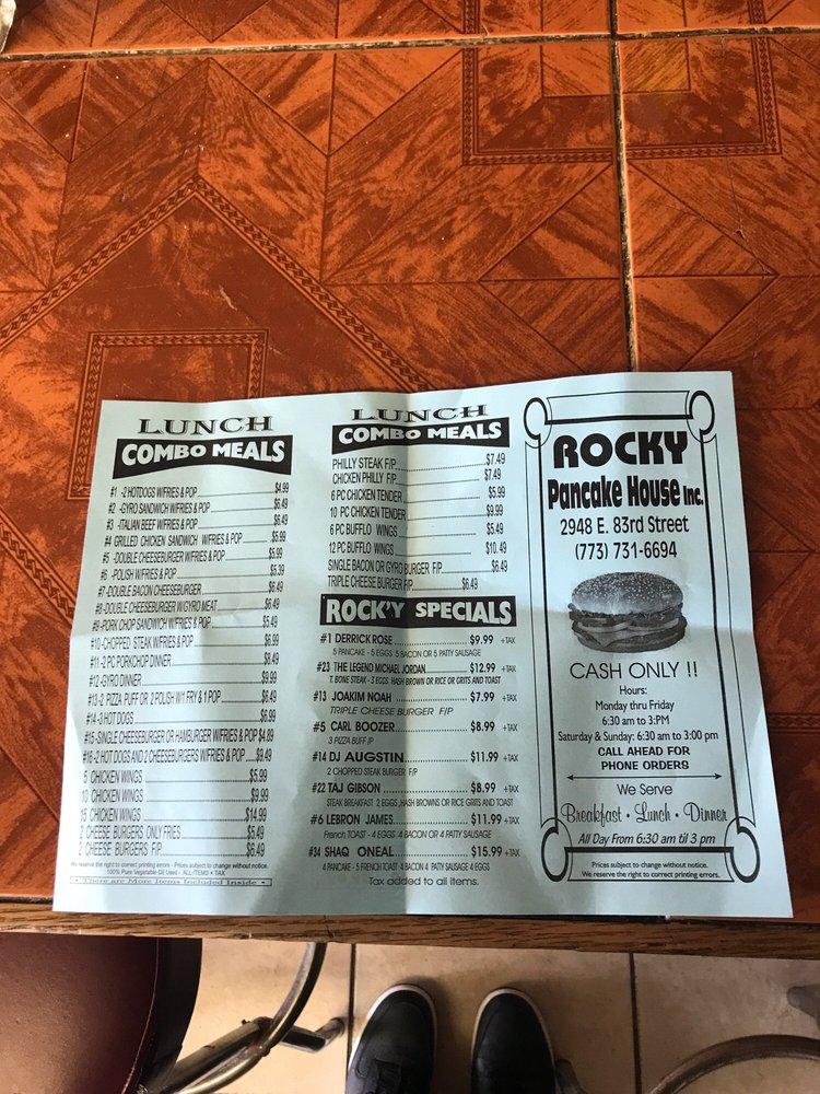 Menu at Rocky's Pancake House restaurant, Chicago, E 83rd St