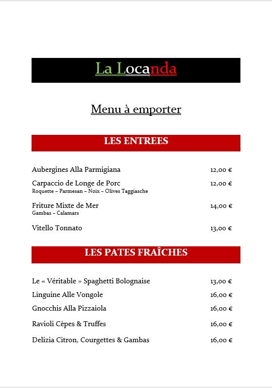 Menu at la locanda, Huy