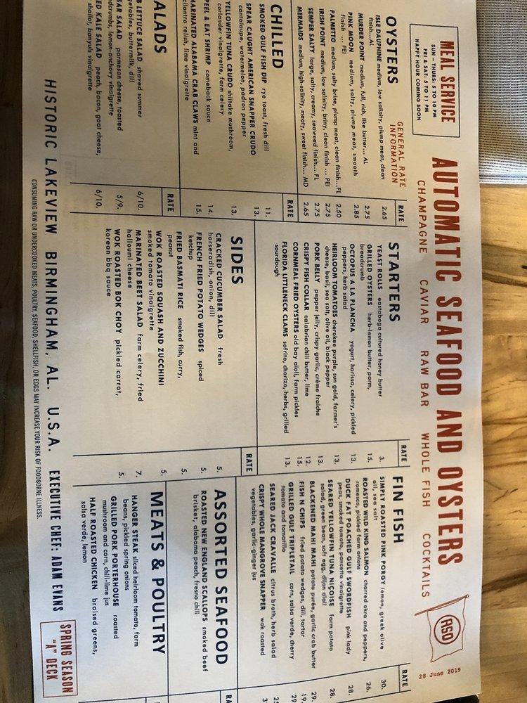 Menu at Automatic Seafood and Oysters restaurant, Birmingham