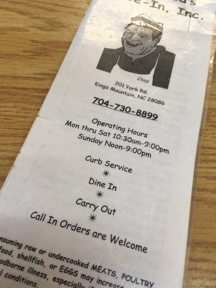 Menu at Blackwood's Drive-In restaurant, Kings Mountain