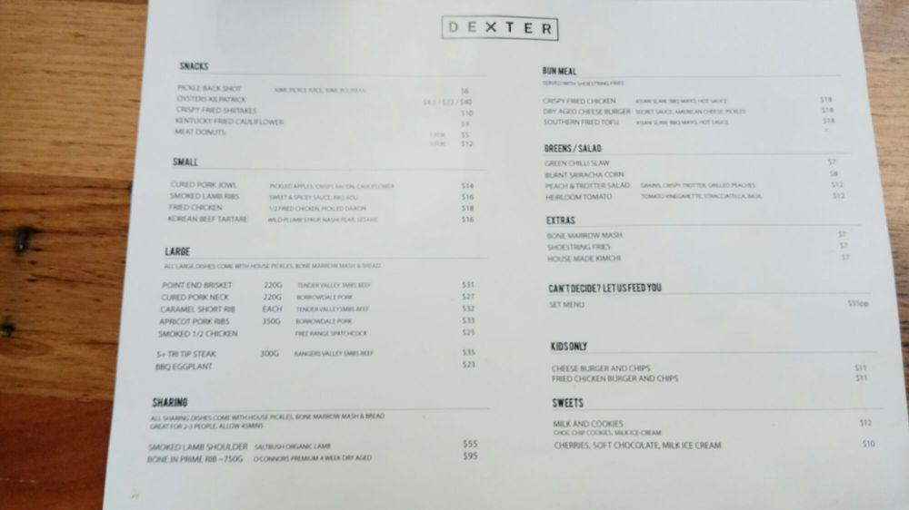 Menu at Dexter restaurant, Preston