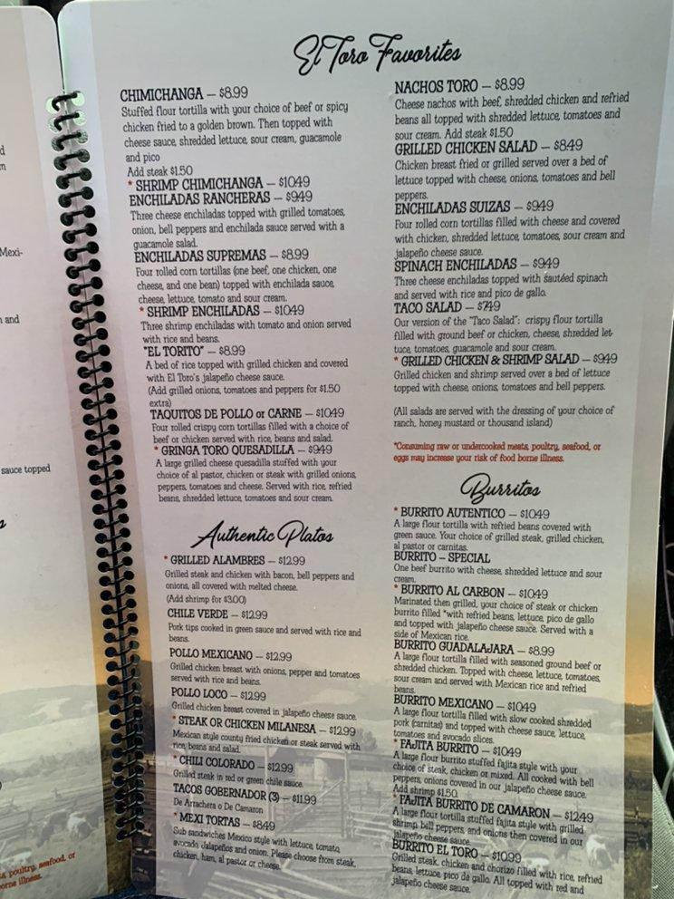 Menu at El Toro Mexican Restaurant, Murfreesboro, Memorial Blvd