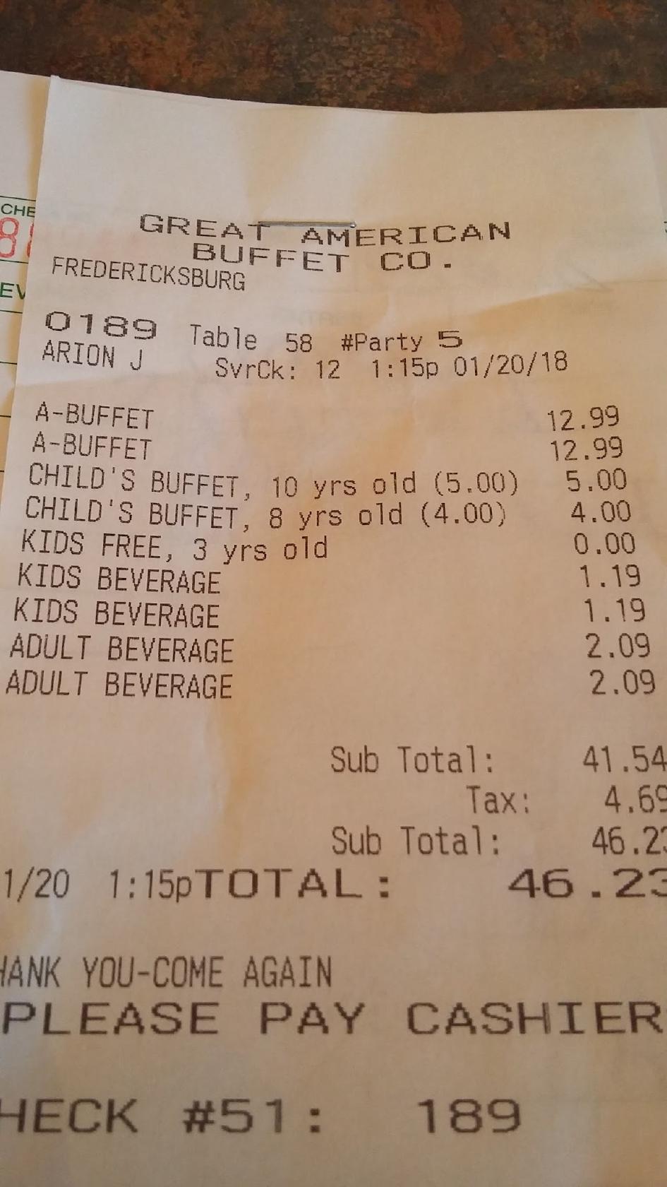 Menu at Great American Buffet restaurant, Fredericksburg