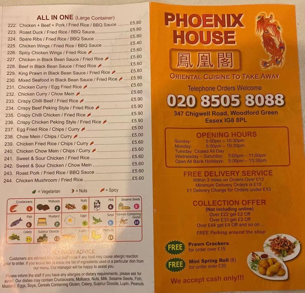 Menu at Phoenix house fast food, Woodford