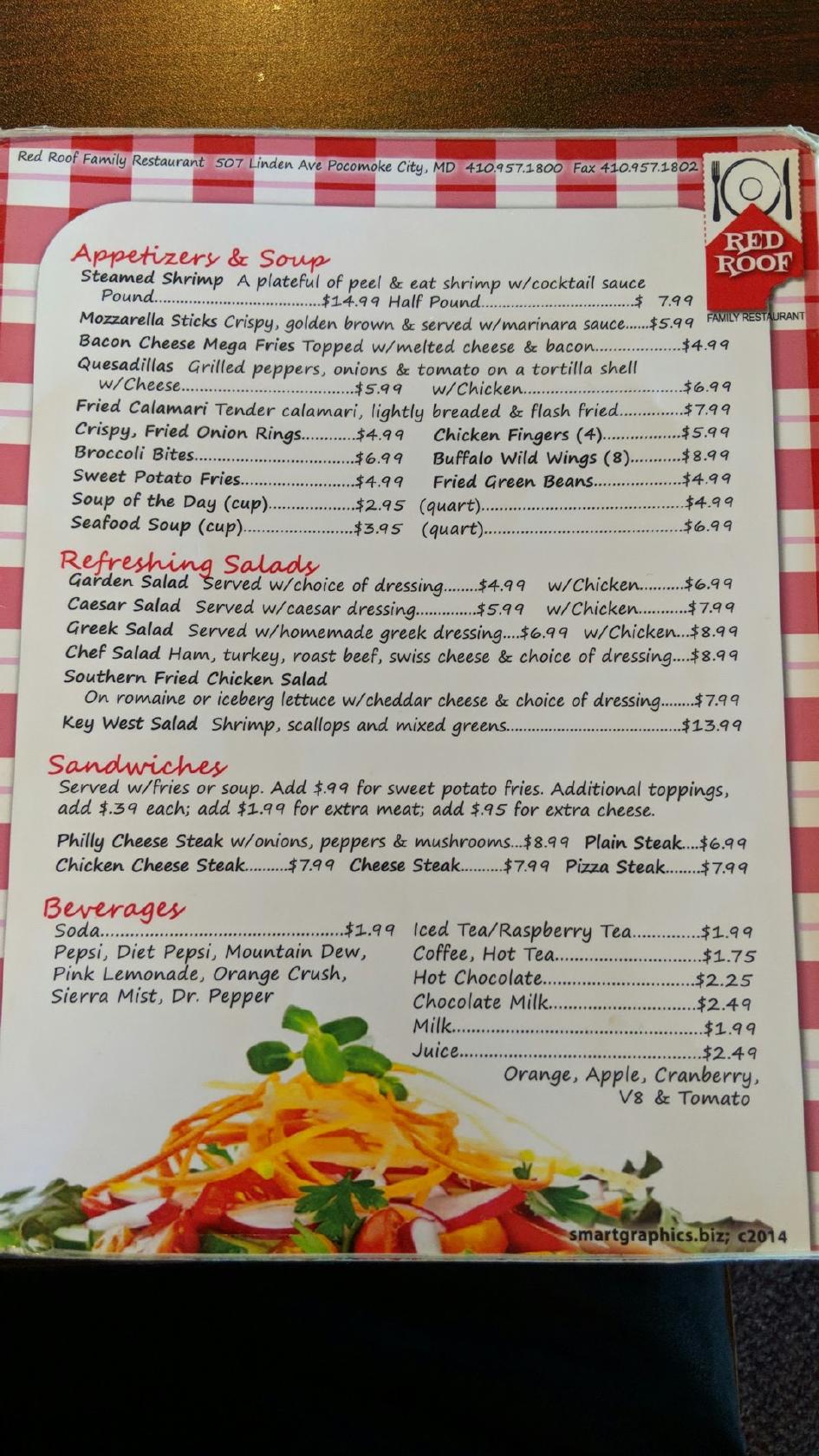 Menu at Red Roof Family Restuarant restaurant, Pocomoke City
