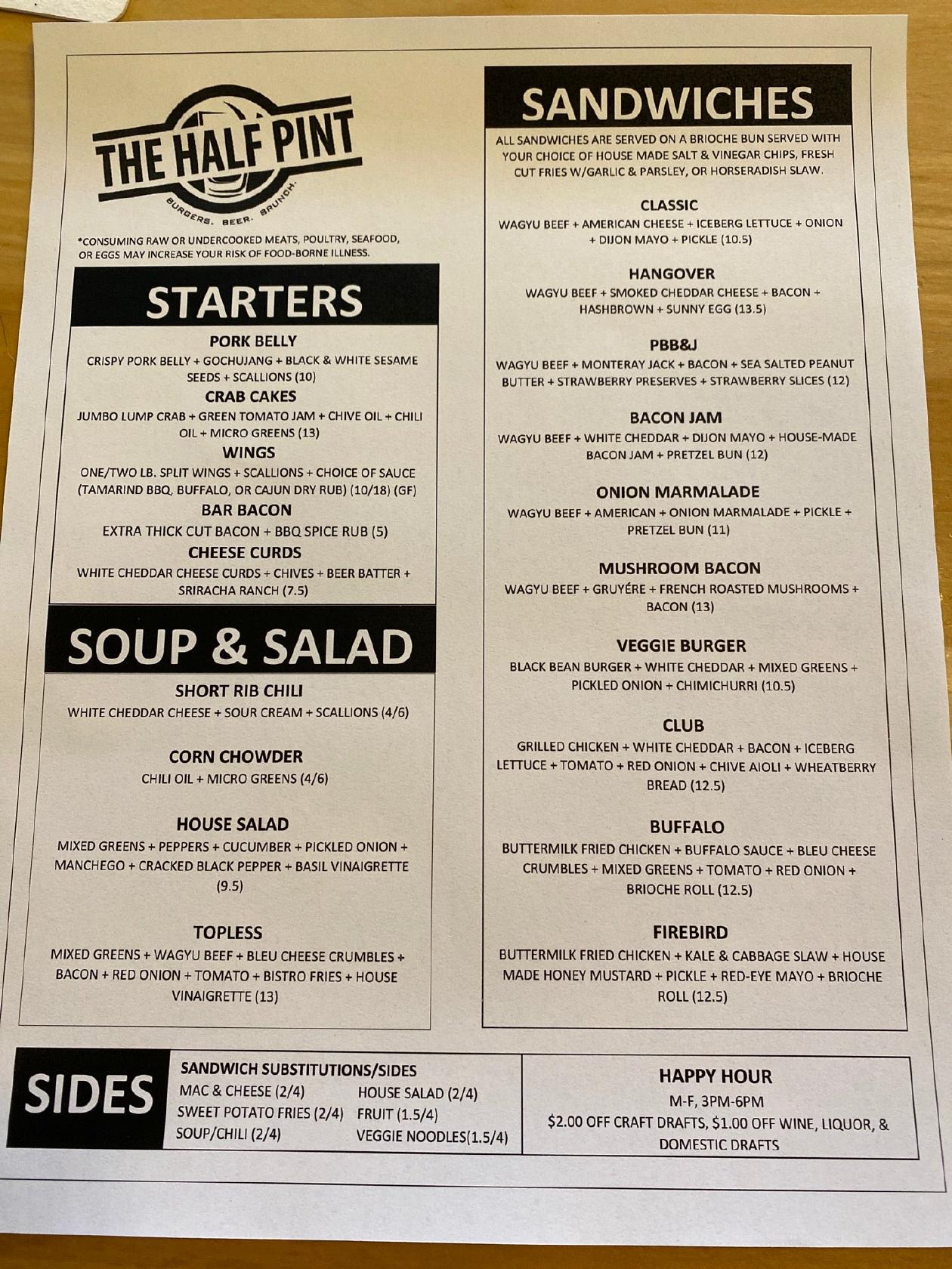 Menu at The Half Pint pub & bar, Marysville