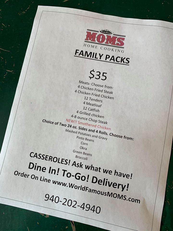 Menu at World Famous MOMS restaurant, Aubrey